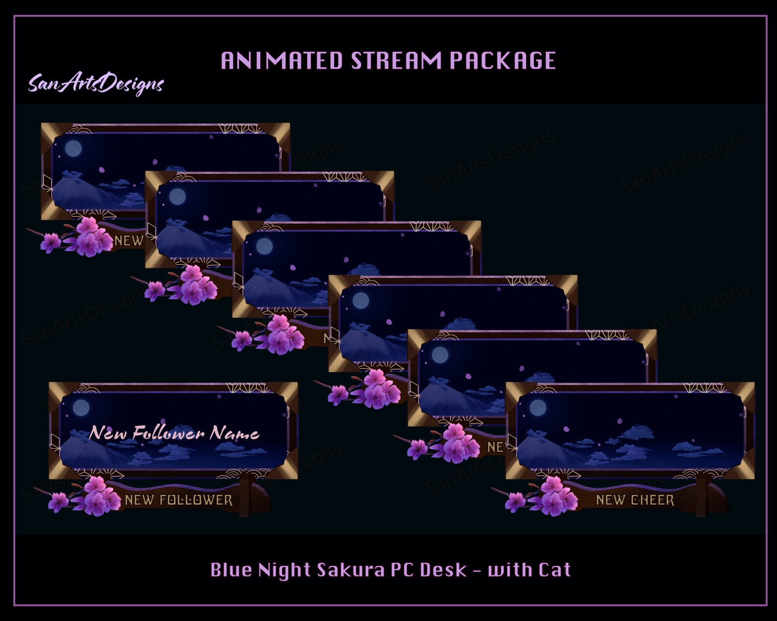 Blue Night Sakura PC Desk Animated Stream Overlay Bundle, Blue Sakura ...