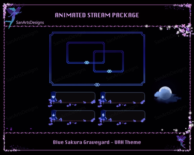 Animated Stream Package Blue Sakura Graveyard, Animated Twitch Overlays ...