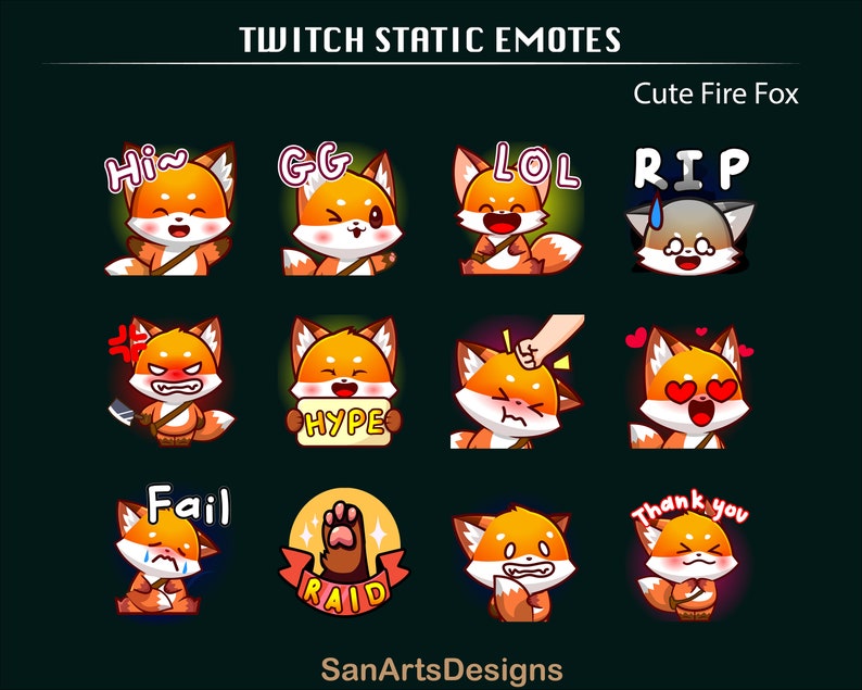 Cute Fire Fox Twitch Emotes, Static Cute Orange Fox Twitch Emotes for ...