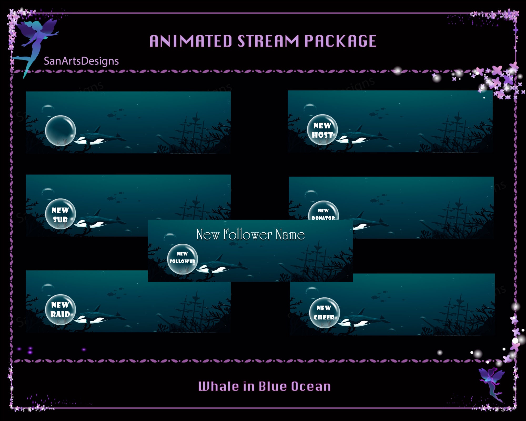 Animated Stream Package Whale in Blue Ocean, Animated Twitch Overlay ...