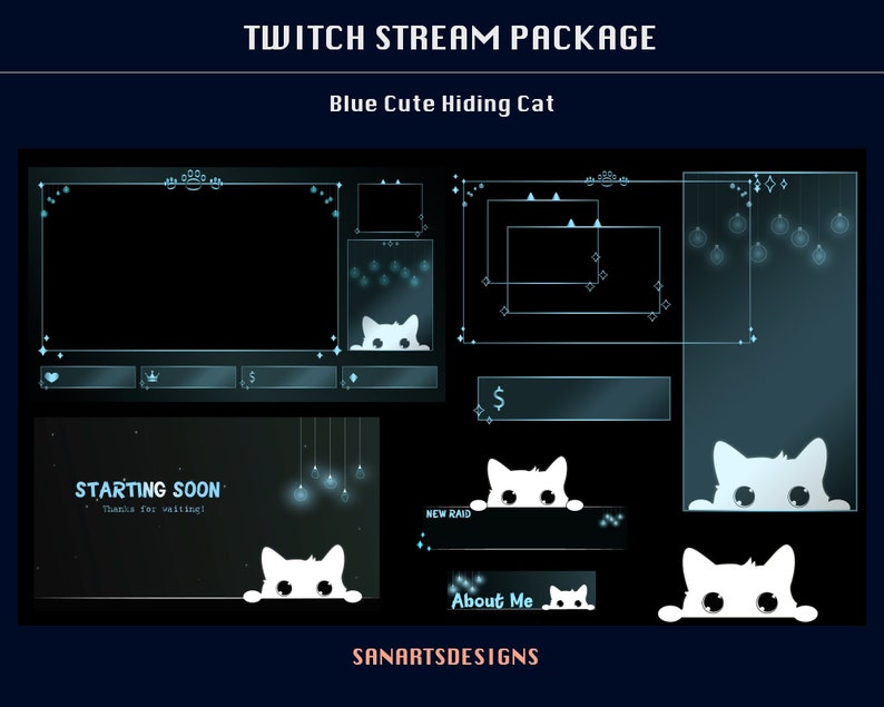 Animated Stream Package Blue Cute Hiding Cat, Animated Twitch Overlays ...