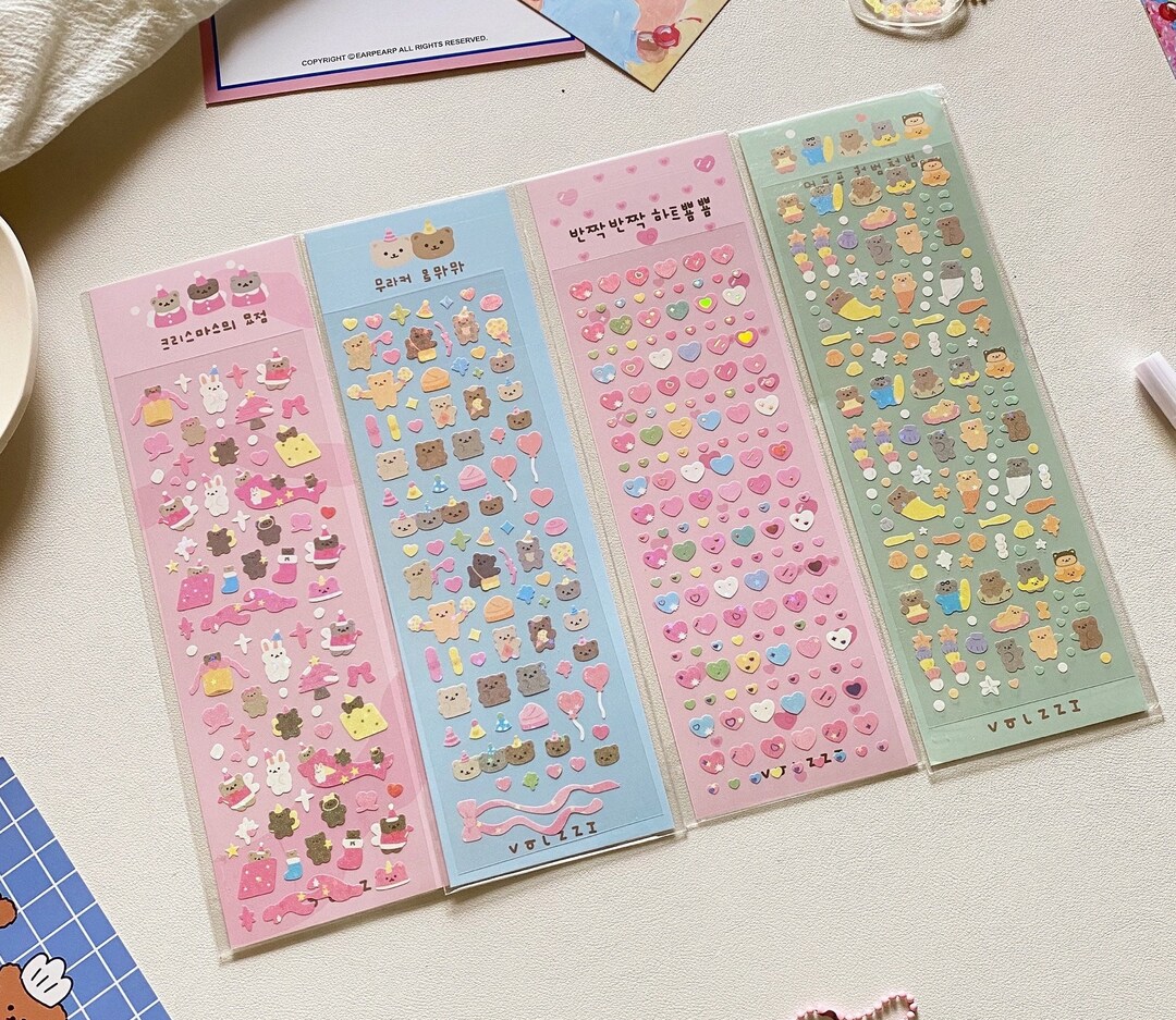 Holographic Kawaii Bunny Bear Heart Korean Sticker Sheet Deco Sticker ...