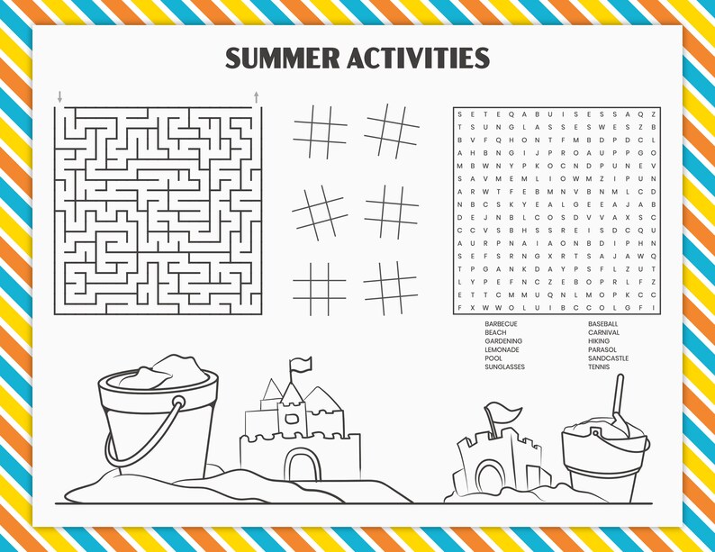 Summer Placemats Fun Printable Party Activity Sheet Coloring Puzzle ...