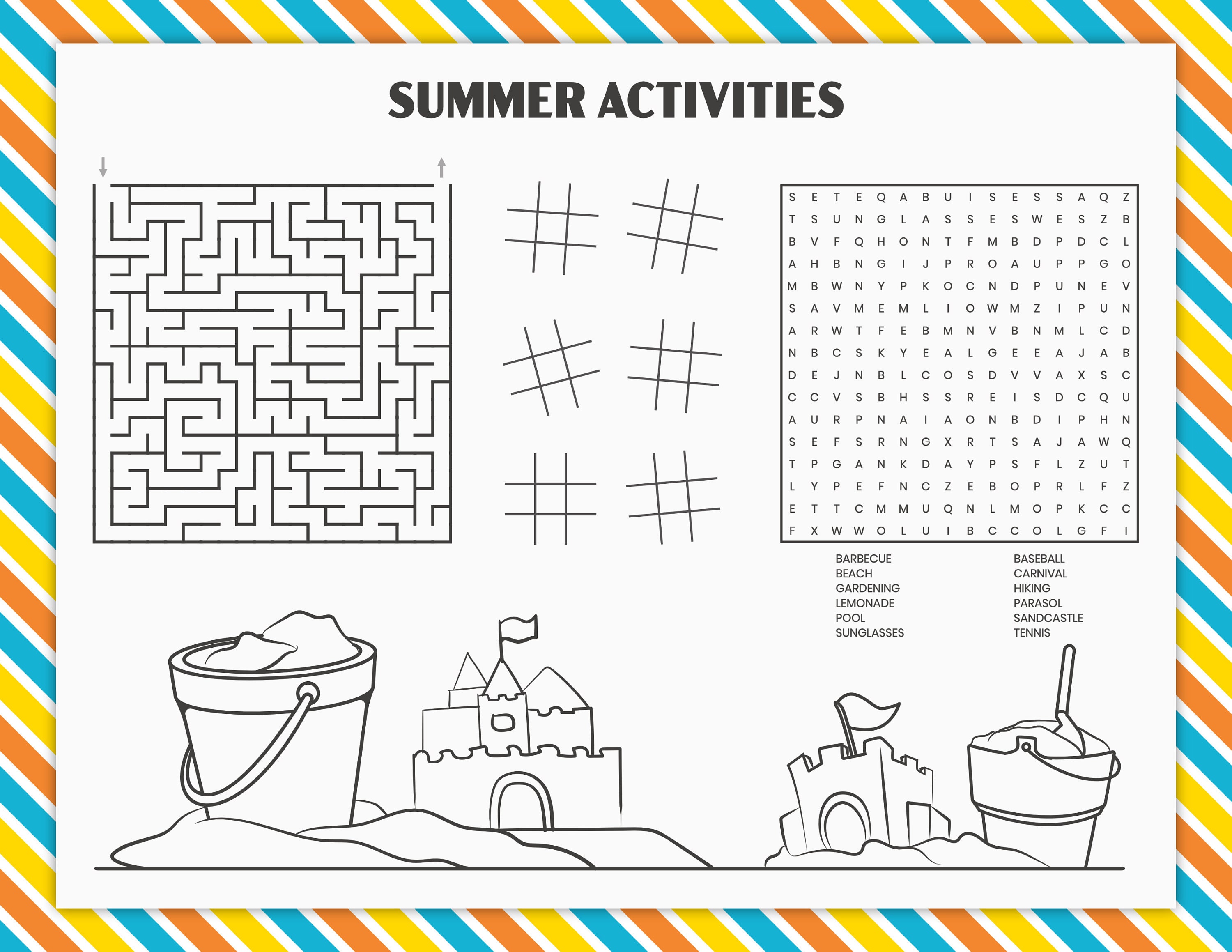 Summer Placemats Fun Printable Party Activity Sheet Coloring Puzzle ...