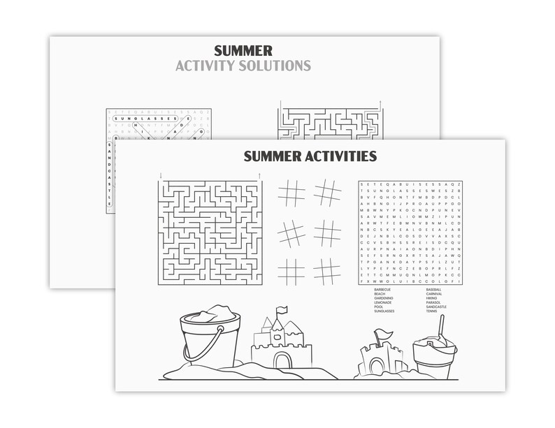 Summer Placemats Fun Printable Party Activity Sheet Coloring Puzzle ...