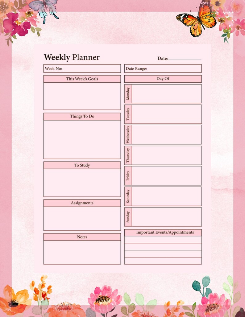 Womens Digital Planner Teen Floral Butterflies Theme Perpetual Yearly ...