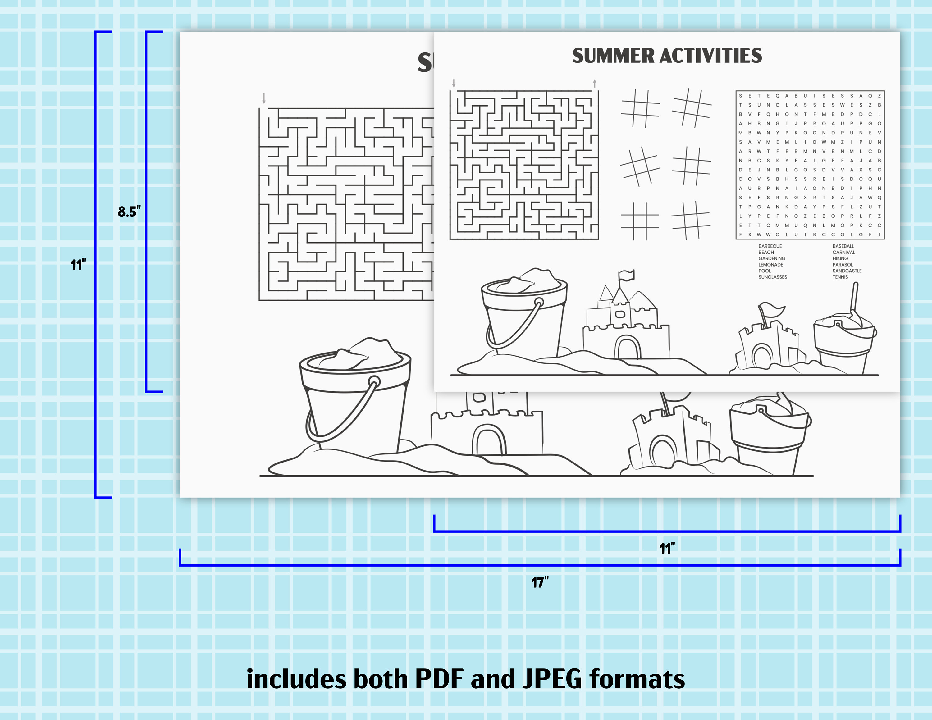 Summer Placemats Fun Printable Party Activity Sheet Coloring Puzzle ...