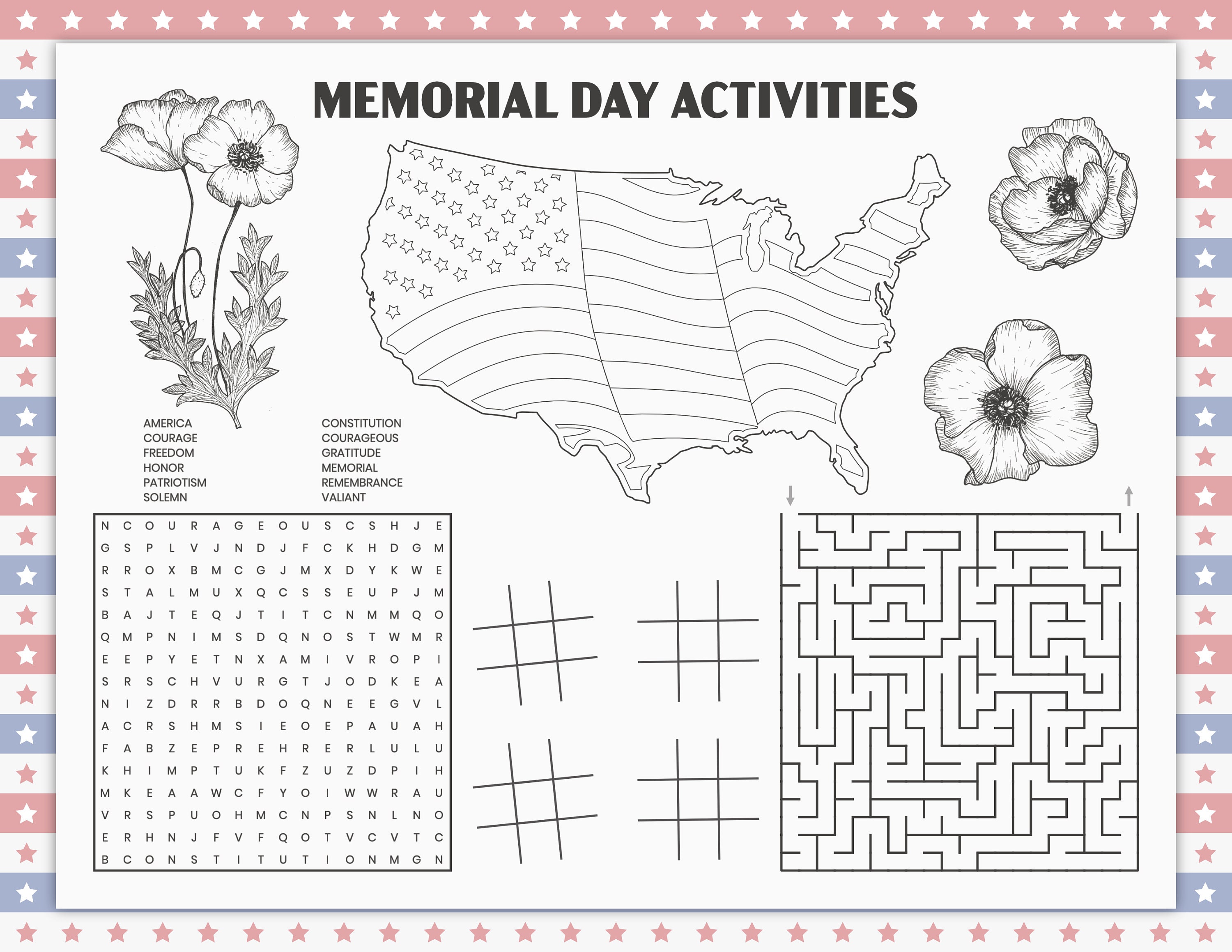 Party Printable Placemats Memorial Day Theme Celebration Fun Printable ...