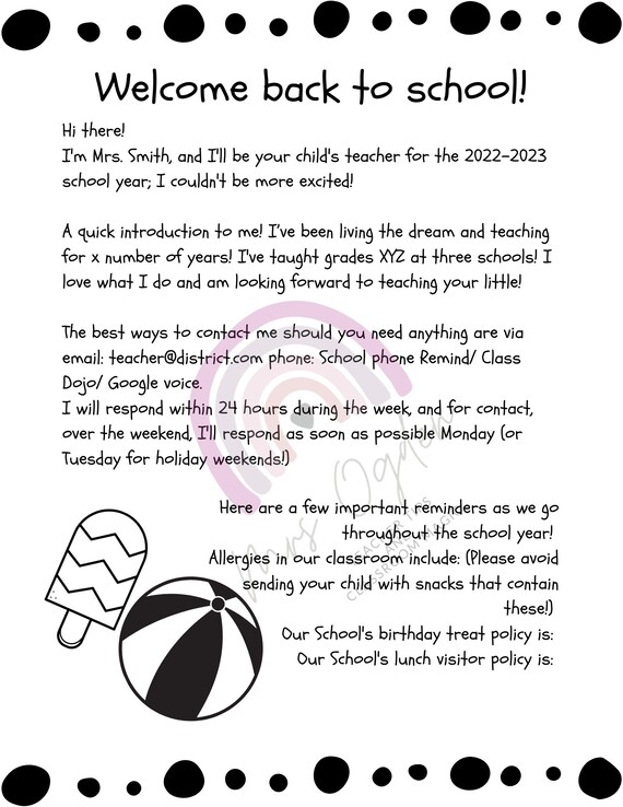 Welcome Back To School Letter