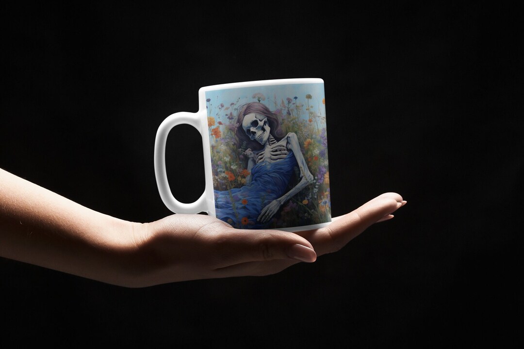 Pastel Cartoon Art Mug, Long-haired Skeleton in Blue Dress Among ...
