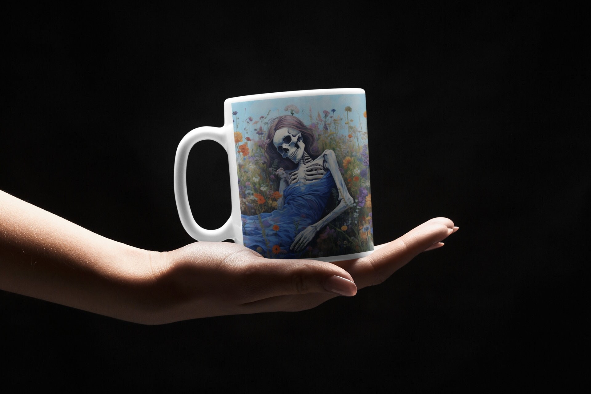 Pastel Cartoon Art Mug, Long-haired Skeleton in Blue Dress Among ...