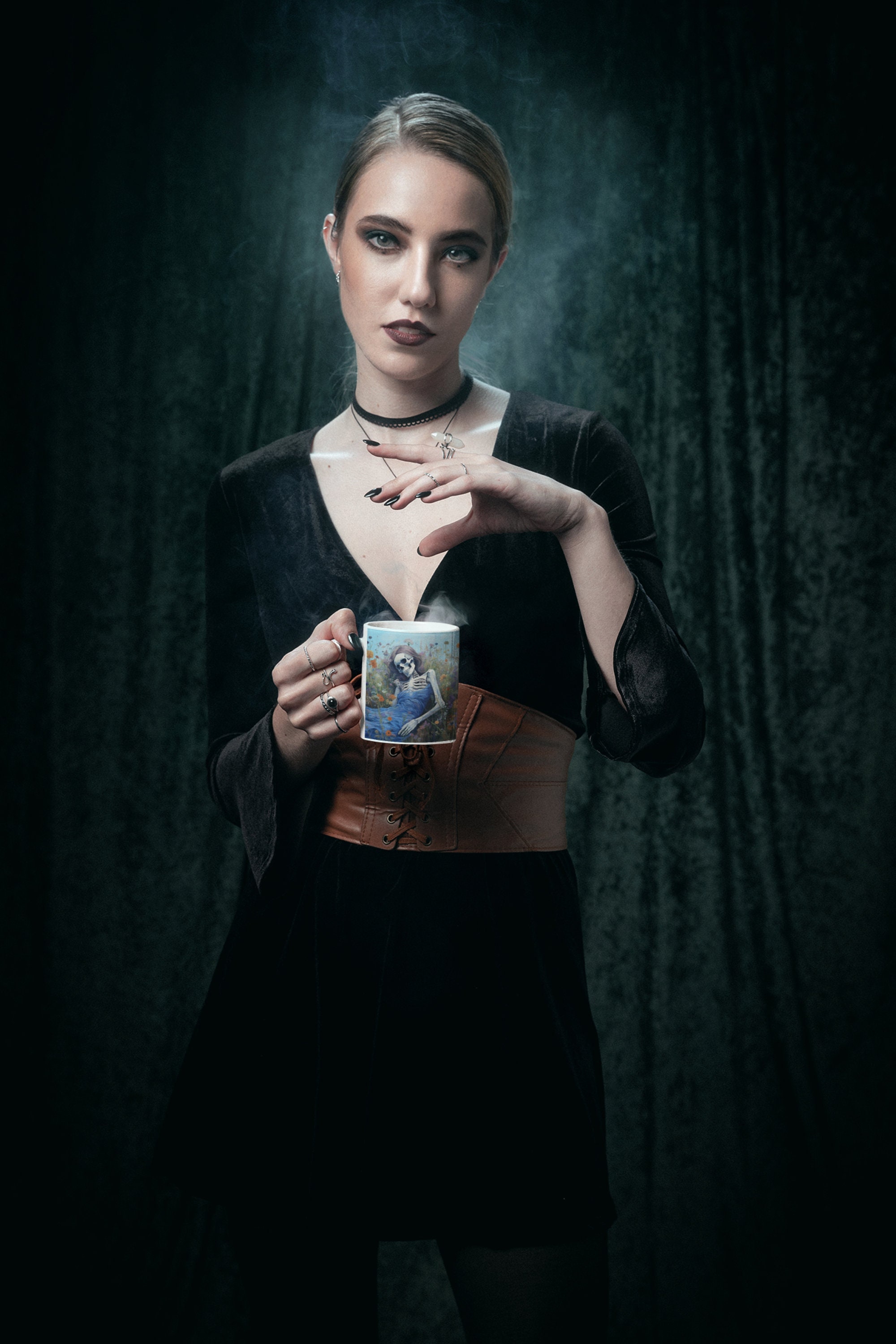 Pastel Cartoon Art Mug, Long-haired Skeleton in Blue Dress Among ...