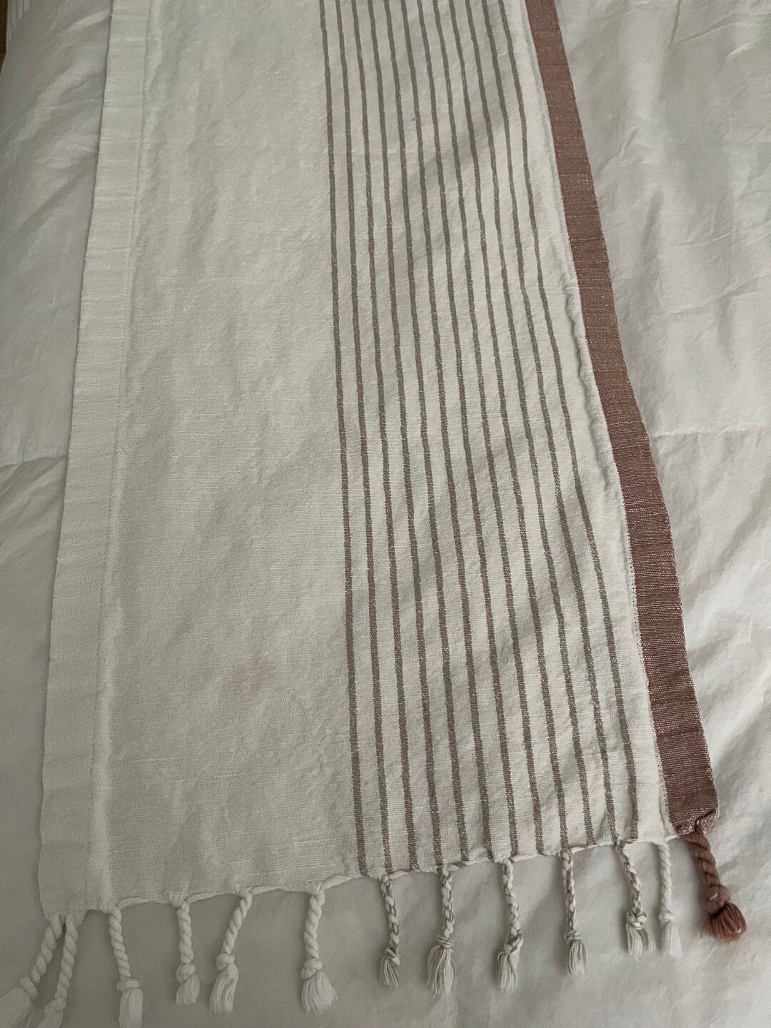 Hearth & Hand RUNNER Striped Dusty Pink Tan LINEN COTTON Blend Fringed ...