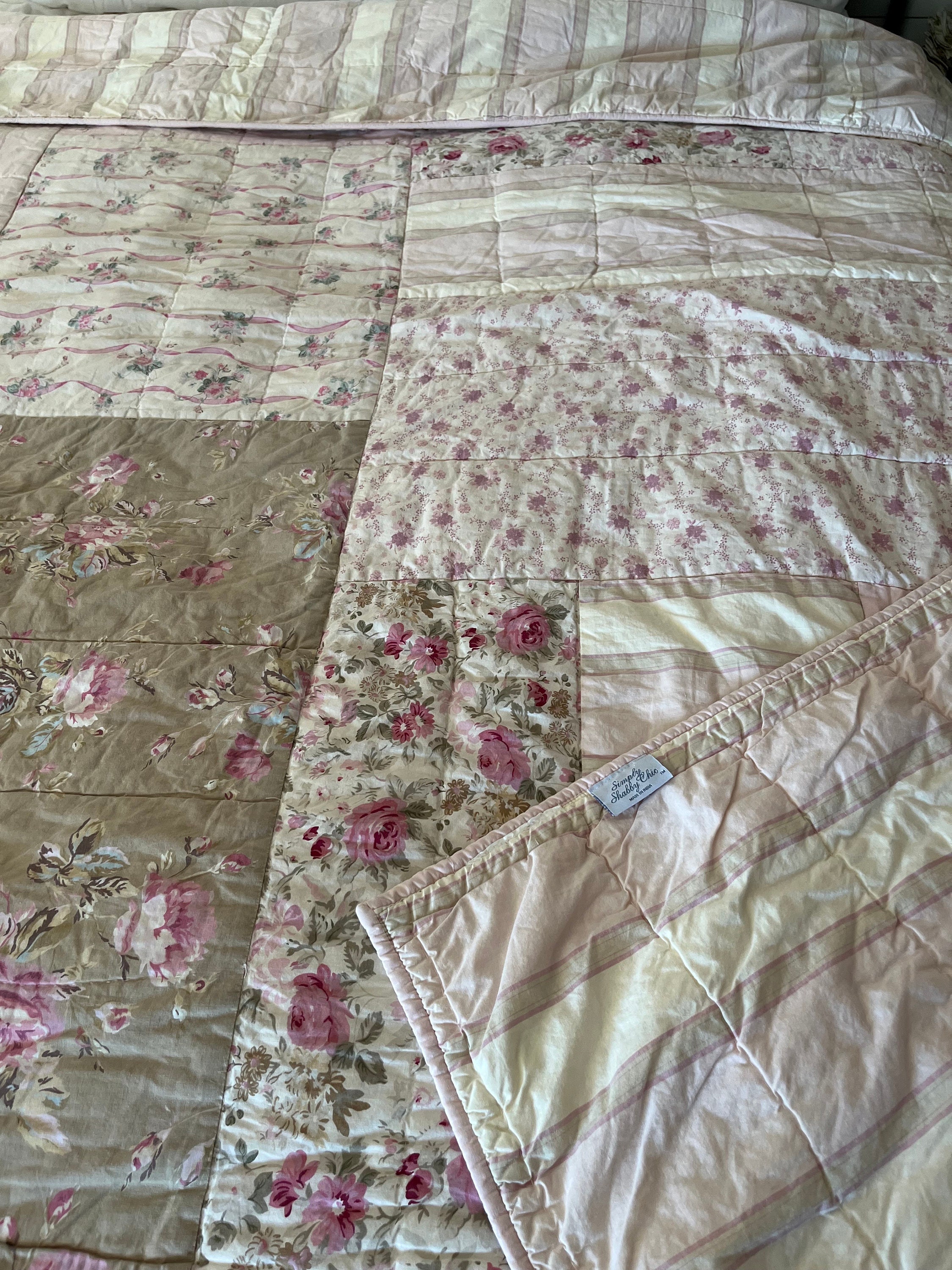 Simply Shabby Chic Quilt TWIN Castle Rose COTTON Patchwork Floral Reversible Stripes Pink Green ...
