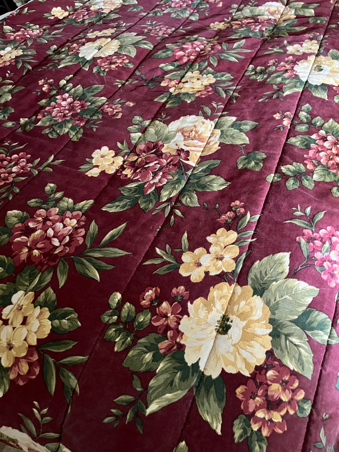 Waverly Comforter TWIN Floral Manor Burgundy Green Yellow Cotton ...