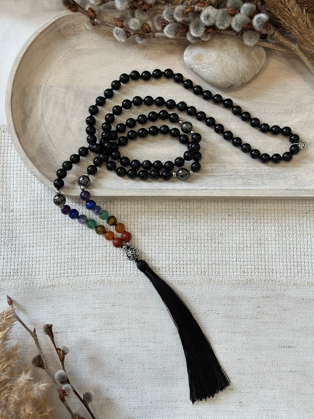 Handmade 7 Chakras Zen Mala, Yoga, Meditation Necklace, Black Obsidian ...