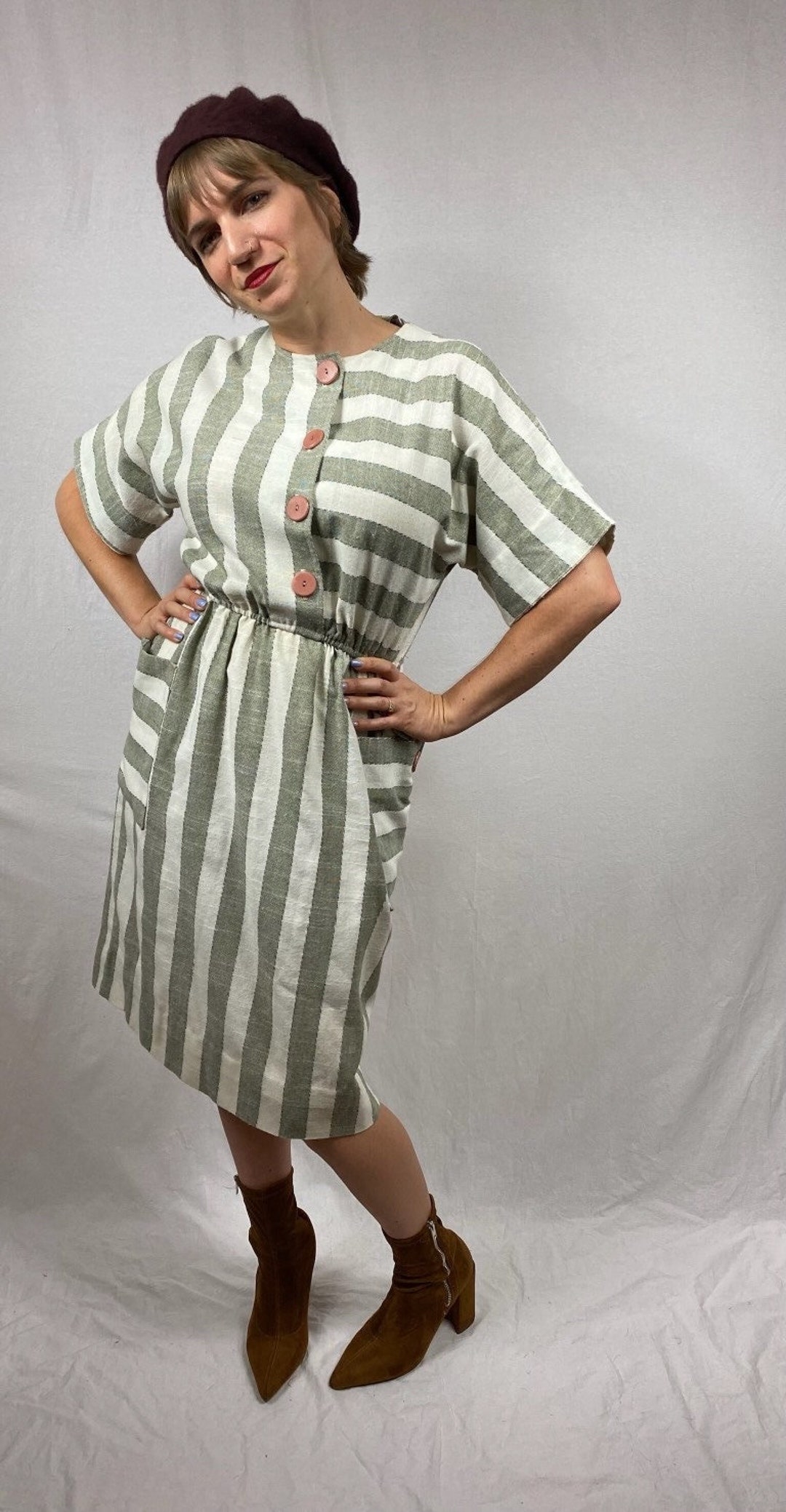 1960s Gray and White Striped Wool Button up Dress M L - Etsy