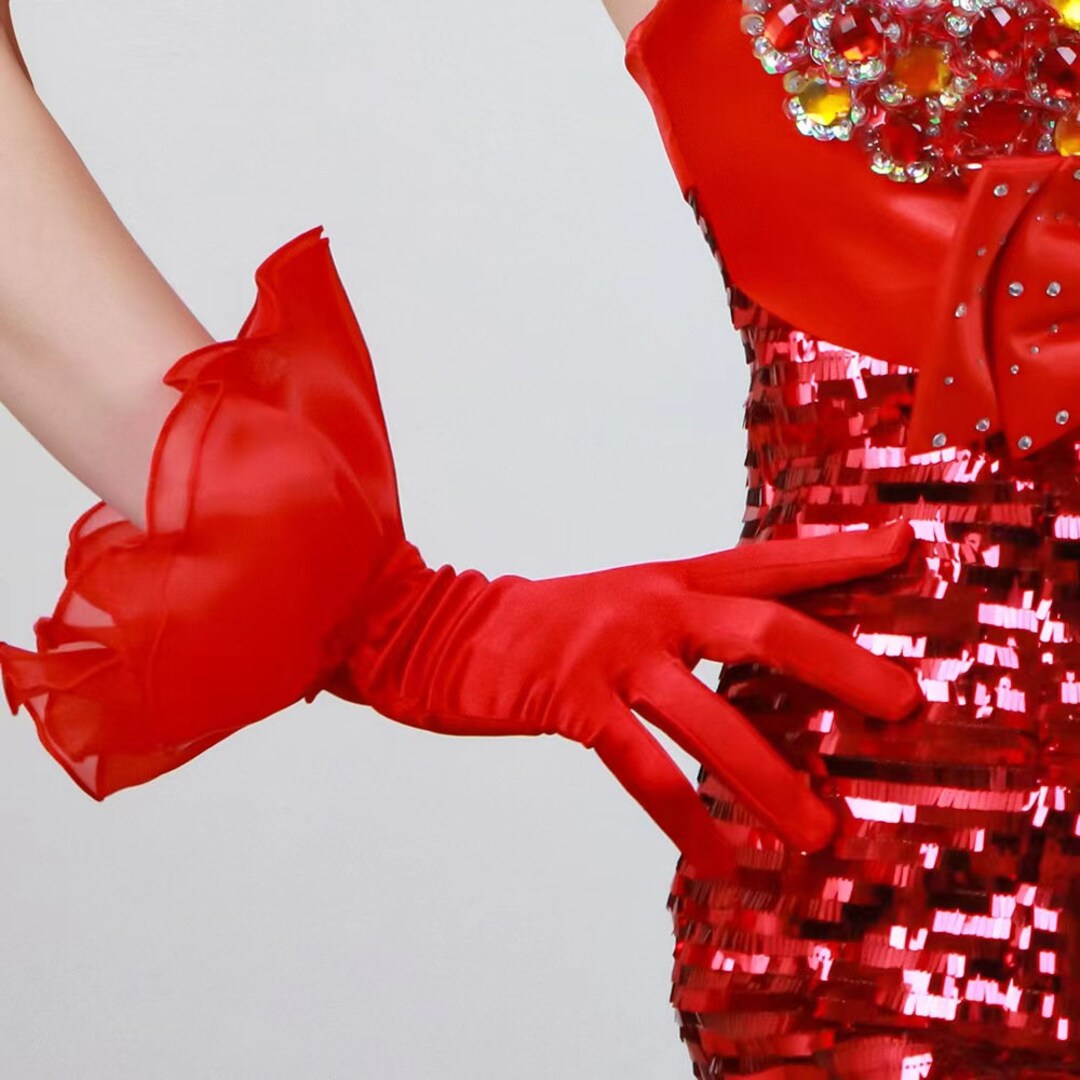 Stretchable Satin Gloves With Wide Ruffled Tulle Wedding Opera - Etsy