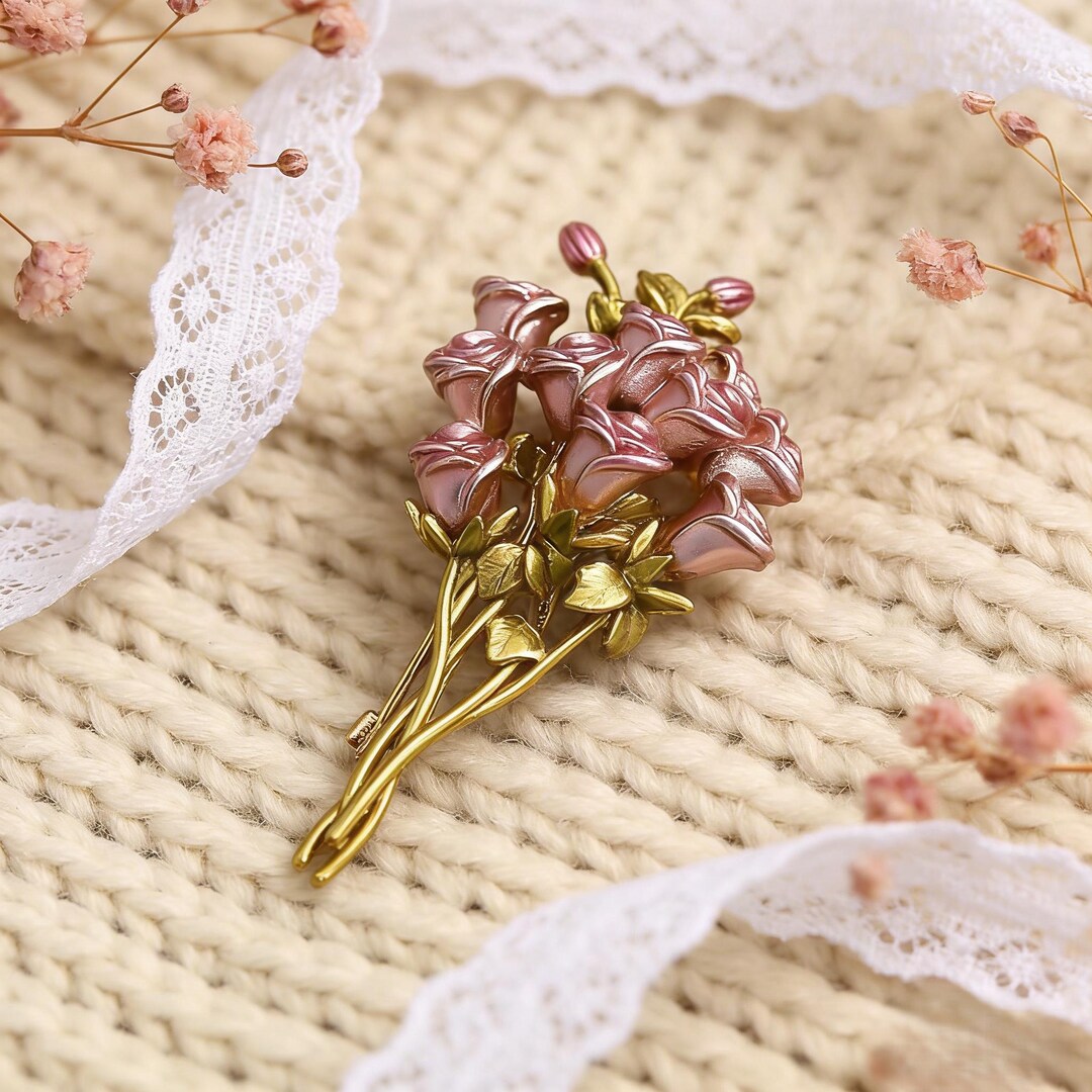 Handmade Pink Rose Bouquet Brooch, Gold Tone Enamel Flower Lapel Pin ...