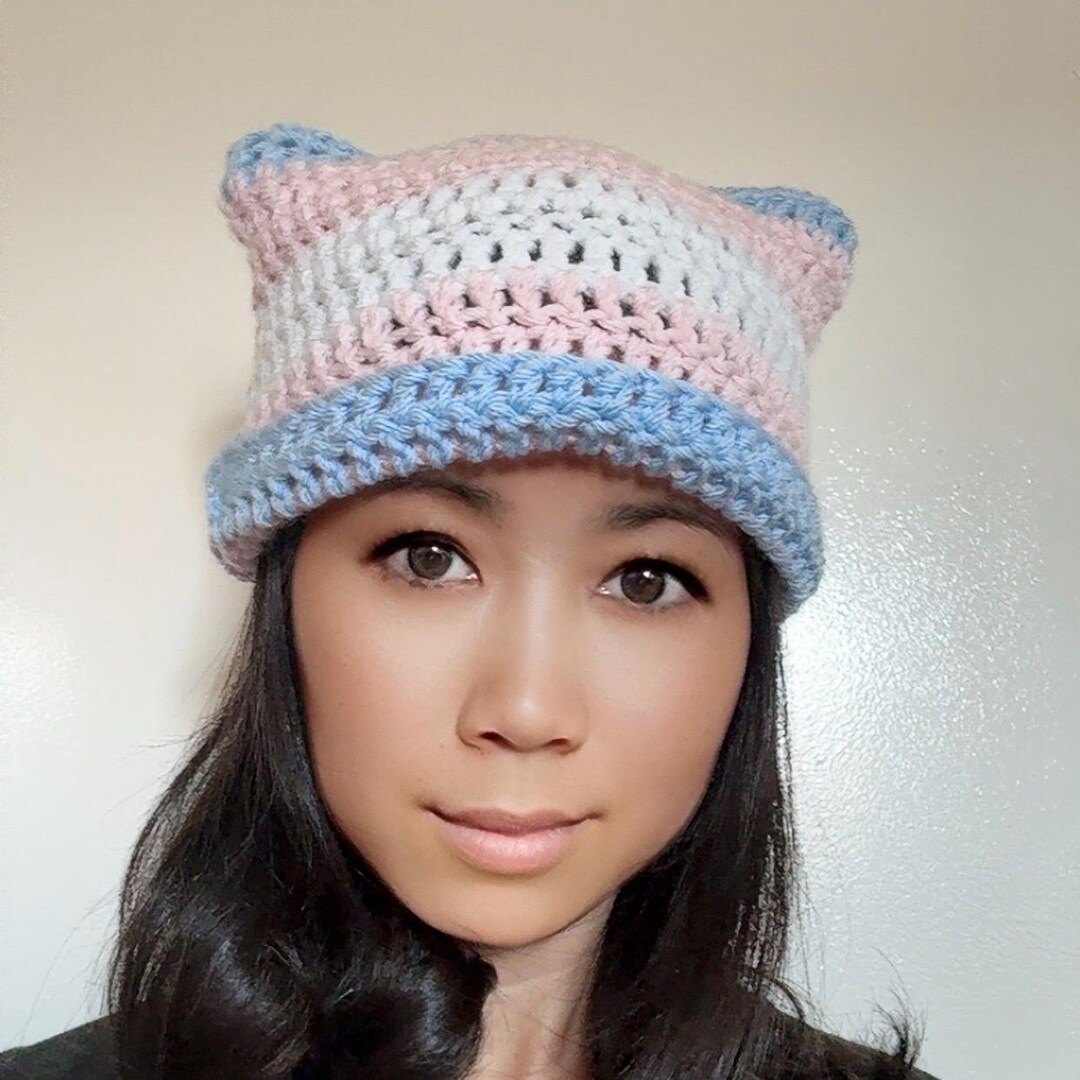Crochet Transgender Pride Flag Cat Ear Beanie Striped Kitty Hat Winter ...