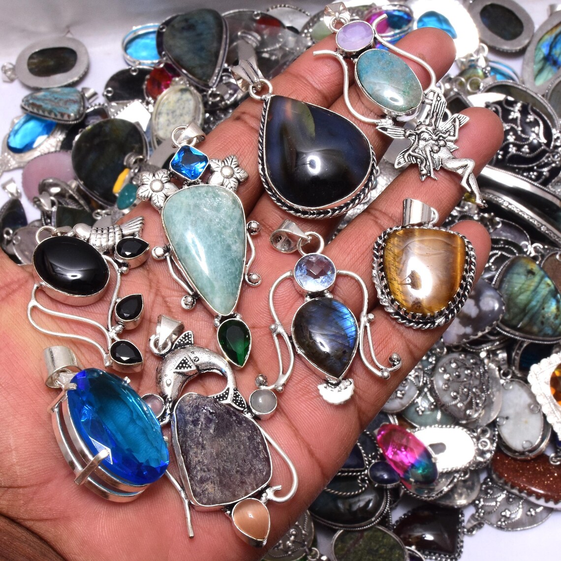 Gemstone Pendants Bulk Lot: 925 Sterling Silver Plated, Multicolor - Etsy