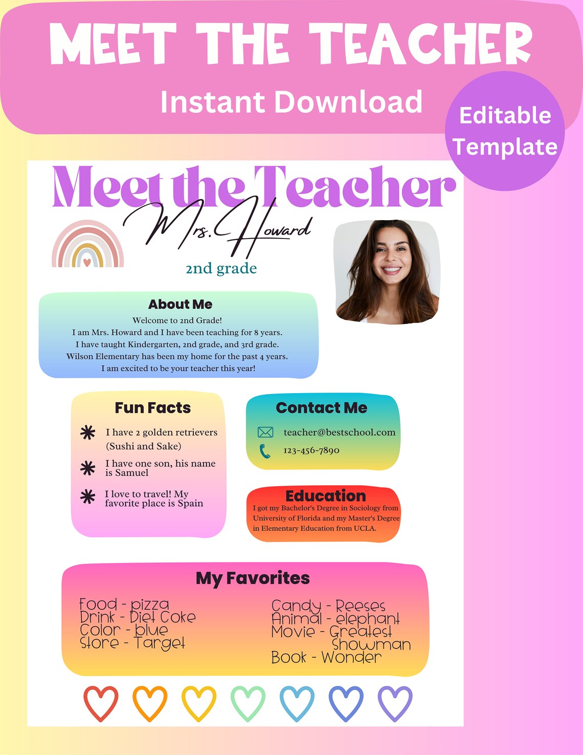 Meet the Teacher Template, Editable Teacher Printable, Rainbow Meet the ...