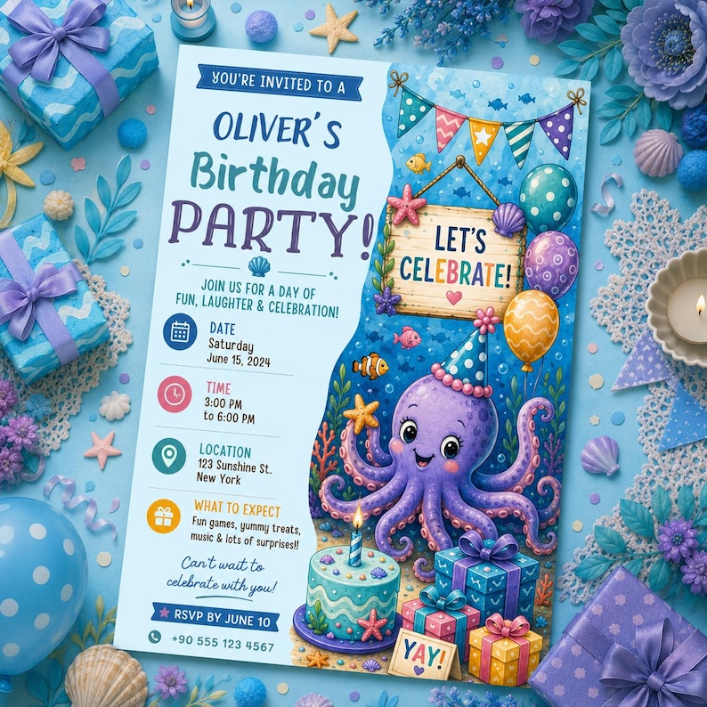 Ocean Octopus Birthday Invitation Template, Under the Sea Party Invite ...