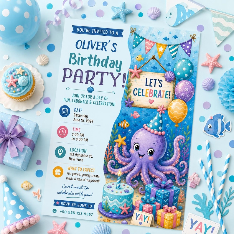 Ocean Octopus Birthday Invitation Template, Under the Sea Party Invite ...