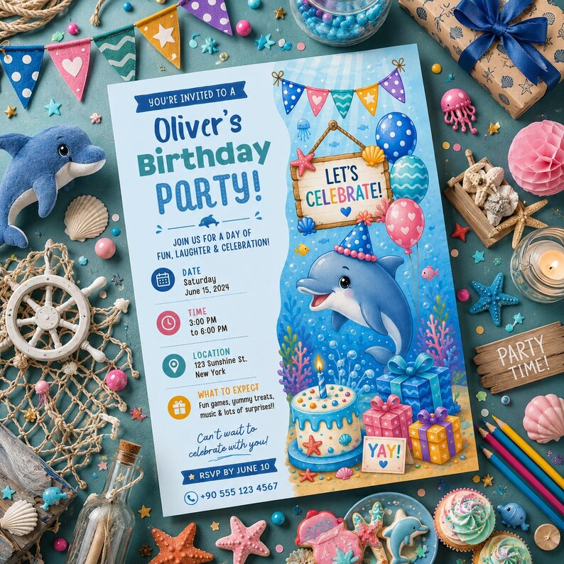 Dolphin Birthday Invitation Template, Editable Under the Sea Party ...