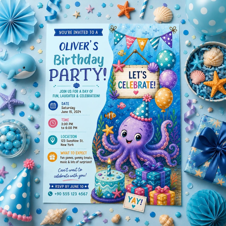 Ocean Octopus Birthday Invitation Template, Under the Sea Party Invite ...