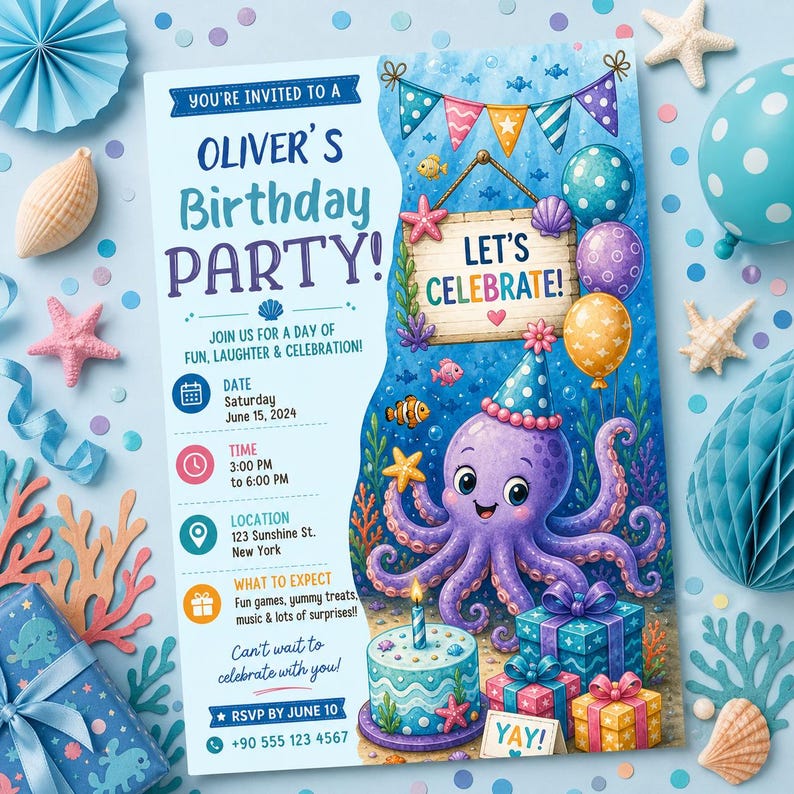 Ocean Octopus Birthday Invitation Template, Under the Sea Party Invite ...