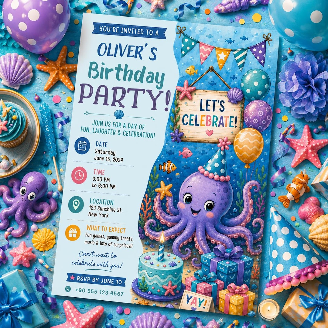 Ocean Octopus Birthday Invitation Template, Under the Sea Party Invite ...