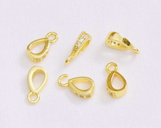 10pcs CZ Pave Open Loop Bails, 18K Real Gold Plated Bail Bead, Pinch ...