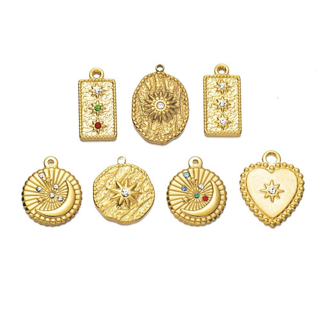 Stainless Steel Geometric Shapes Pendant, Round Tag Charm, Heart Charms ...