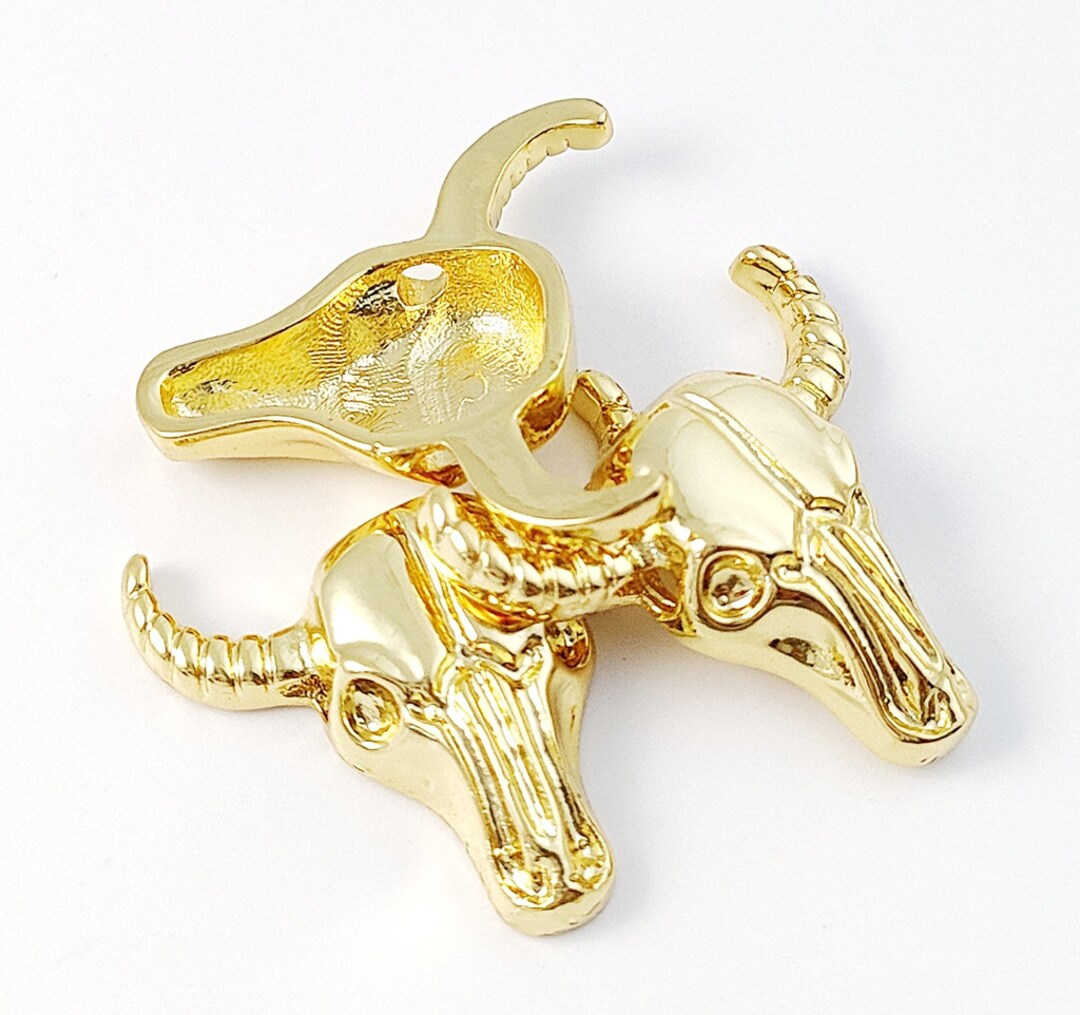 4pcs 18K Real Gold Longhorn Pendant, Round Cow Skull Charms, Brass Cow ...