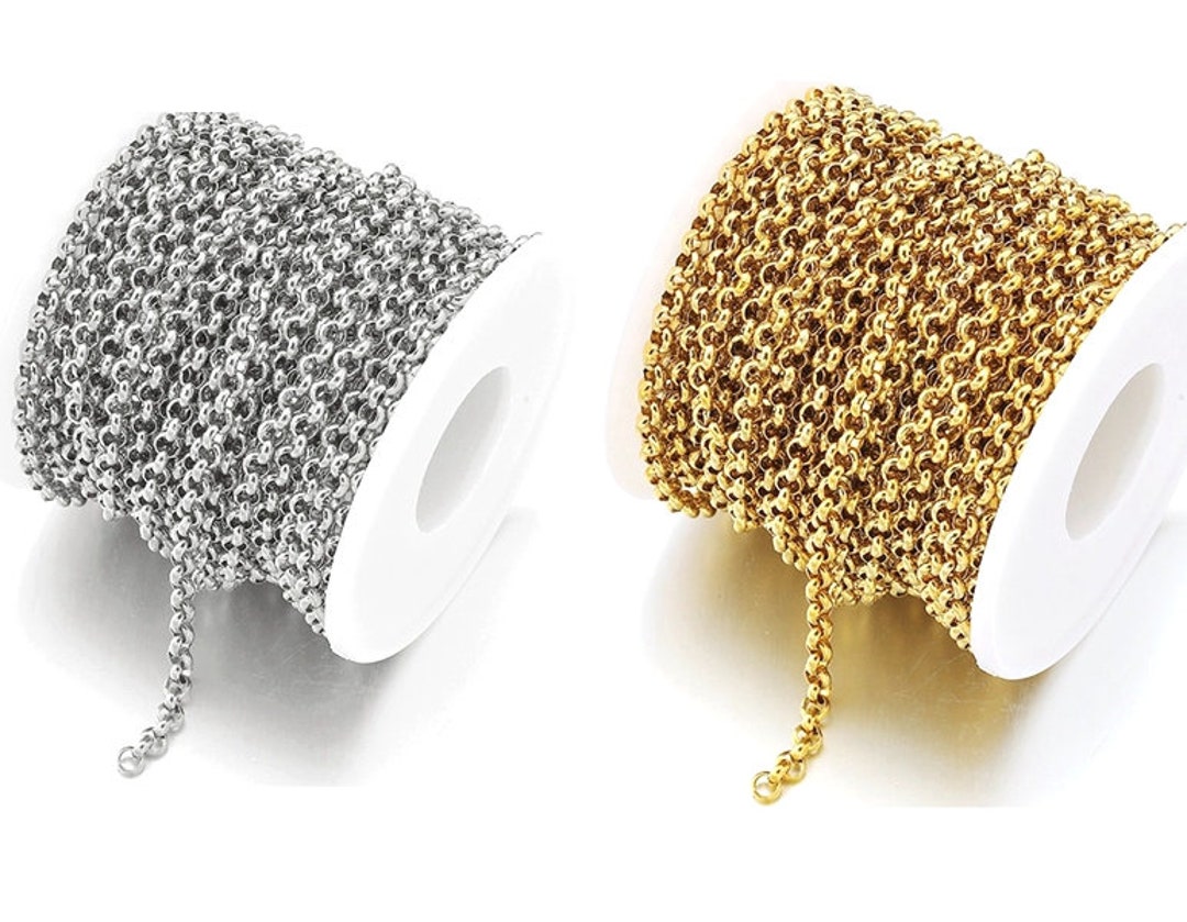 10 Feet Stainless Steel 4mm Rolo Chain, Tarnish Resistant Gold Silver ...