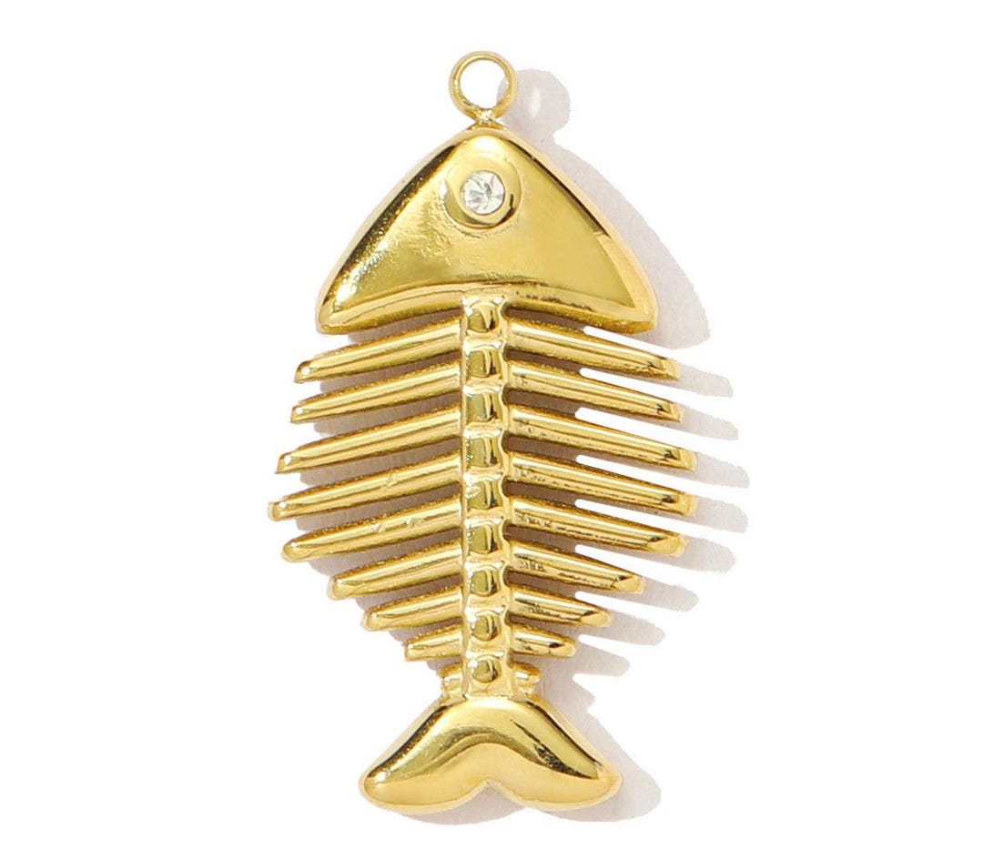 Stainless Steel Fishbone Pendant, Gold Fish Skeleton Charms, CZ Pave ...