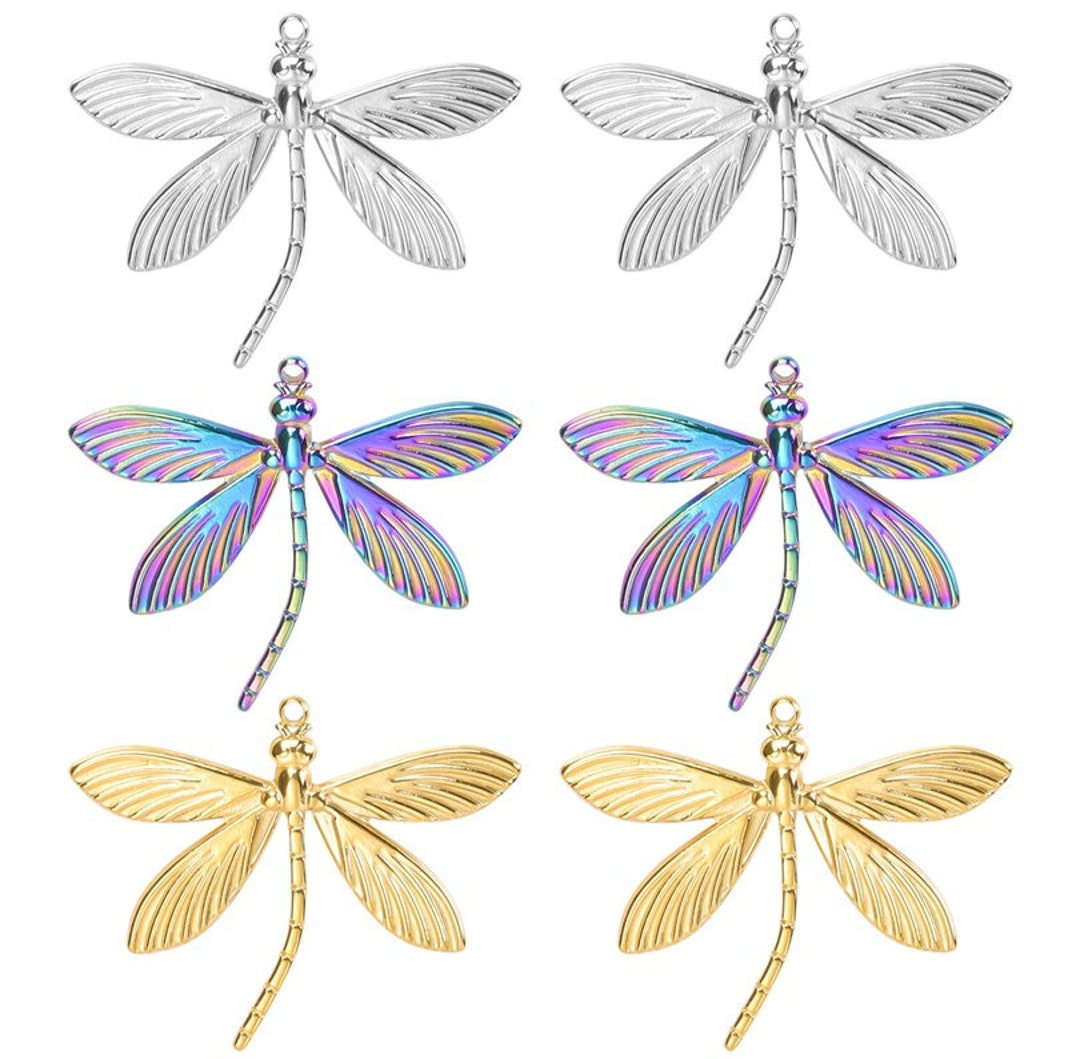 Stainless Steel Dragonfly Pendant, Rainbow Color Dragonfly Charm, Gold ...