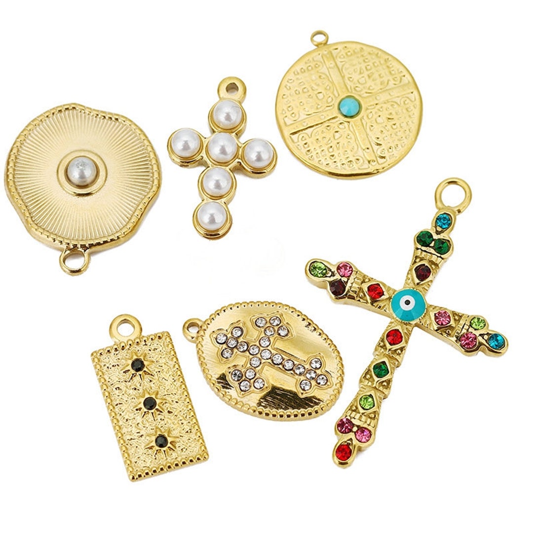 Stainless Steel Geometric Shapes Pendant, Round Tag Charm, Cross Charms ...