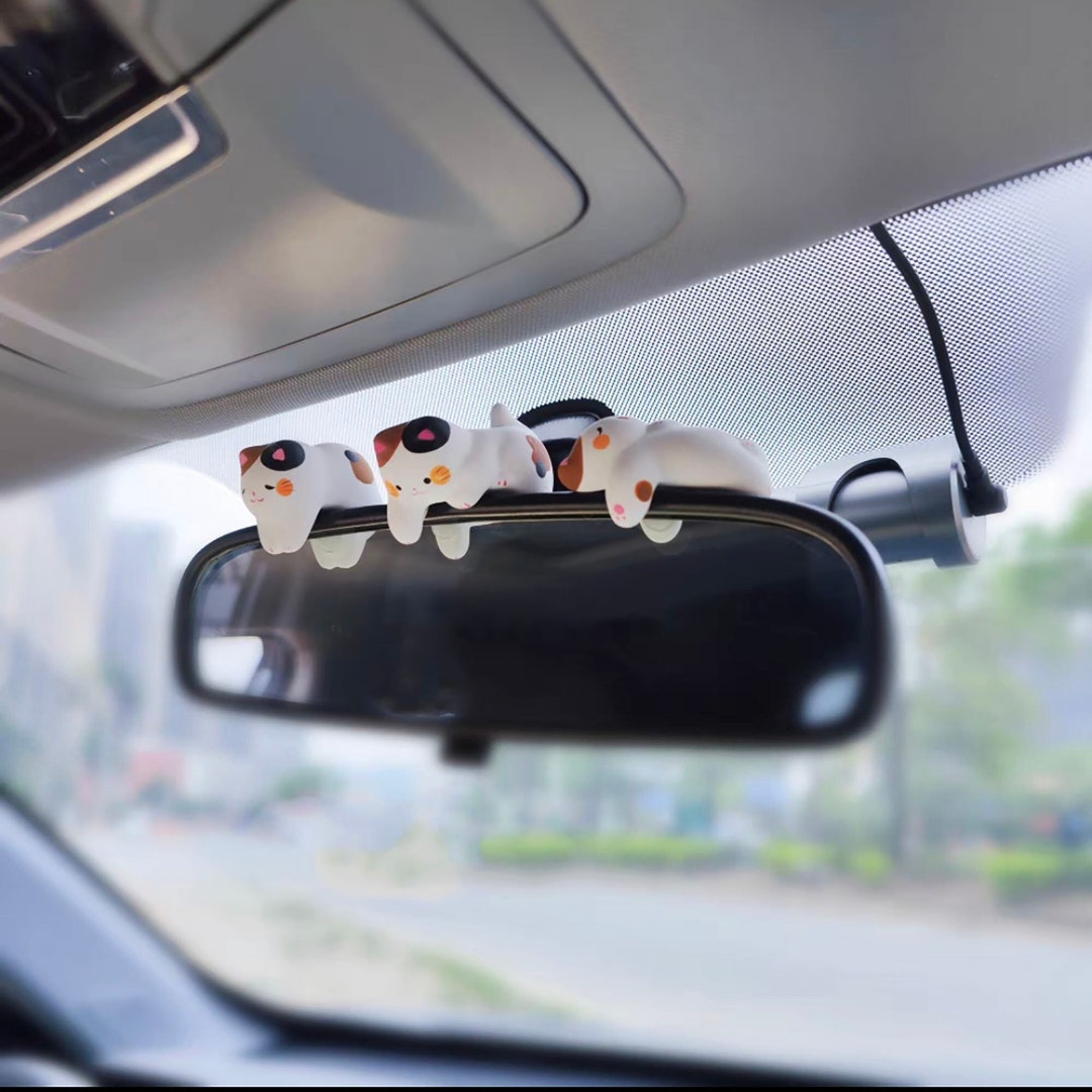 Cartoon Cat Car Review Mirror Decor, Cute Cat Figurine, Kawaii Car ...