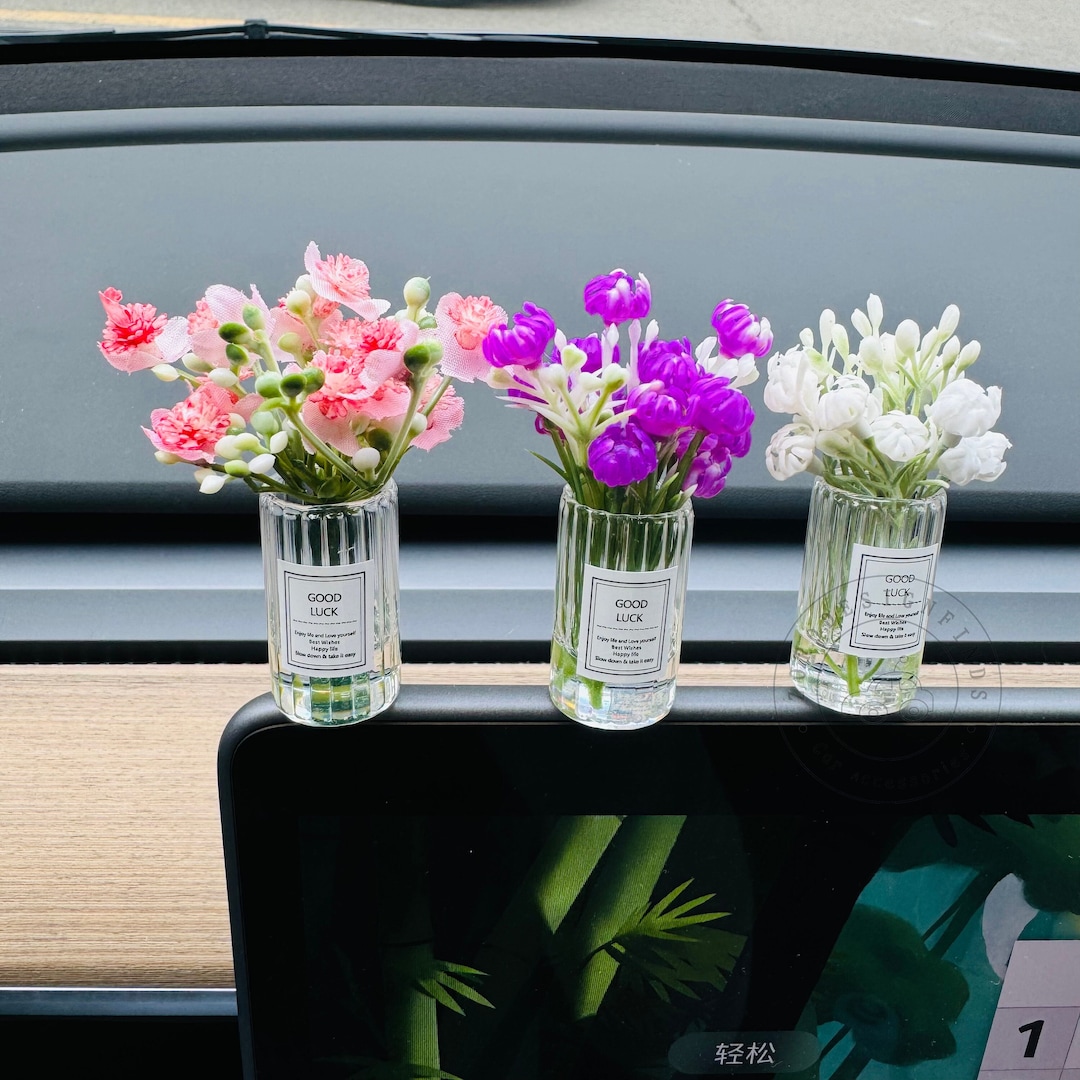 3pcs Flower Glass Bottle Car Ornament, Flower Pot Car Accessory, Car ...