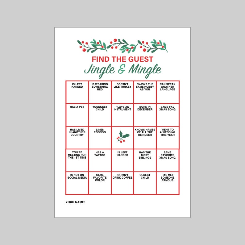 Jingle and Mingle Find the Guest - Christmas Eve Party Game and ...