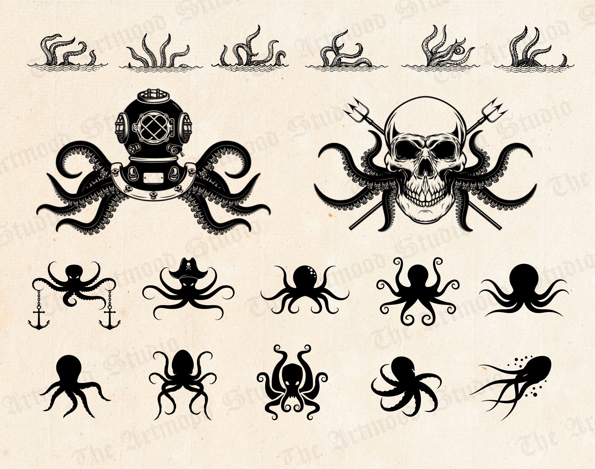 50 Octopus Tattoo Procreate Brushes, Procreate Stamps Octopus Tattoo ,tattoo Stencil, Tattoo ...