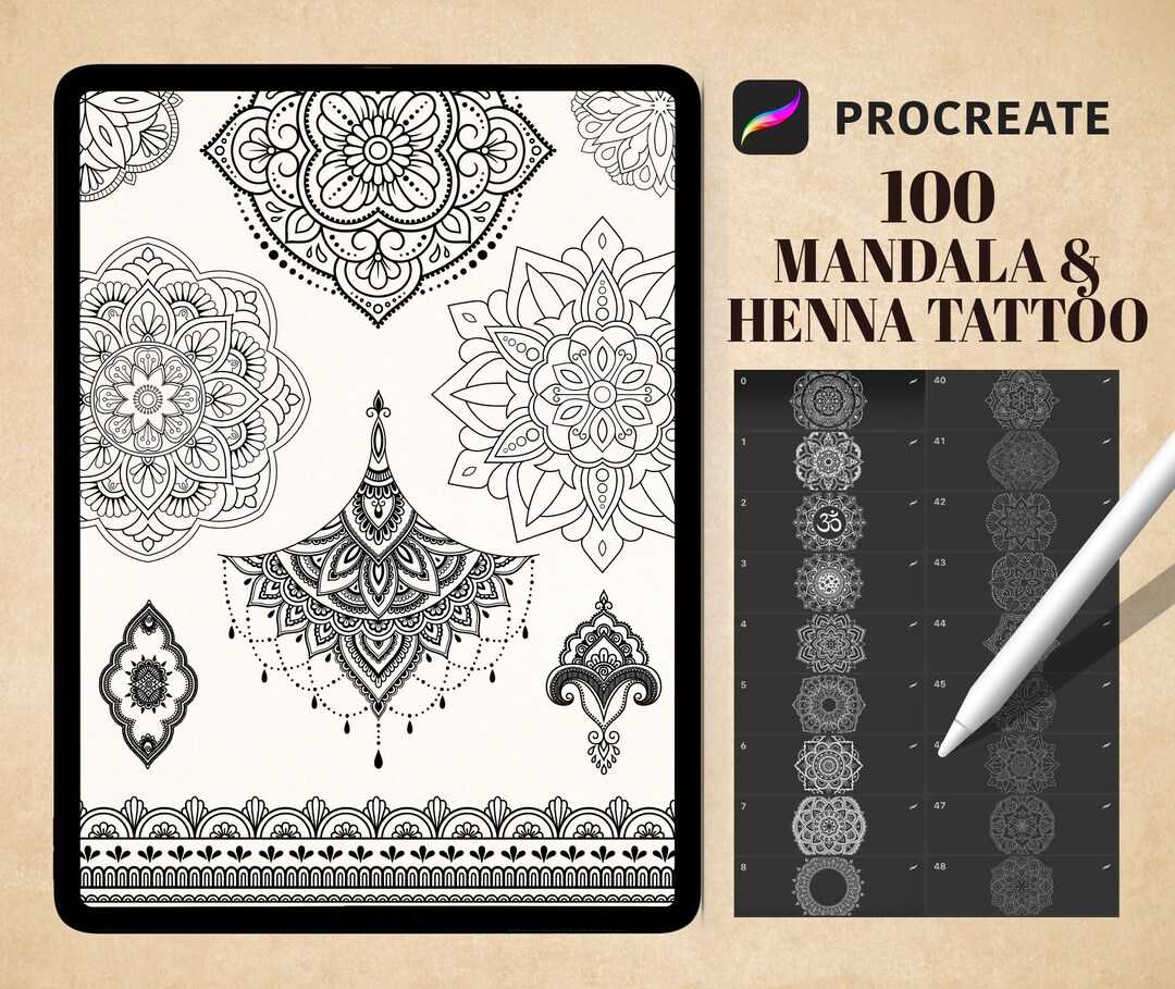 100 Mandala and Henna Procreate Stamps, Mehndi, Henna, Indian Tattoo ...