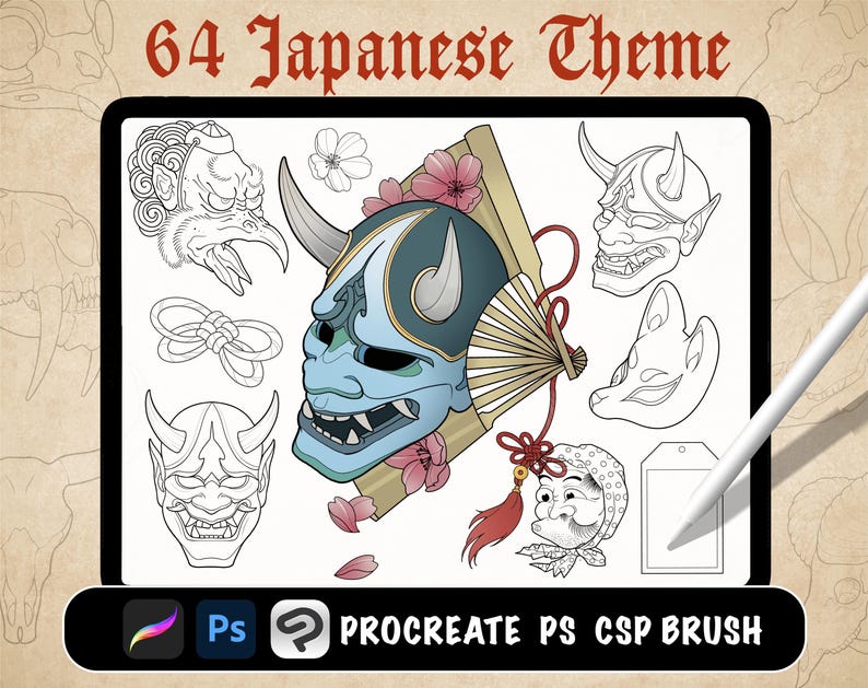 64 Japanese Mask & Omamori Tattoo Brushes, Procreate, Photoshop, Clip ...