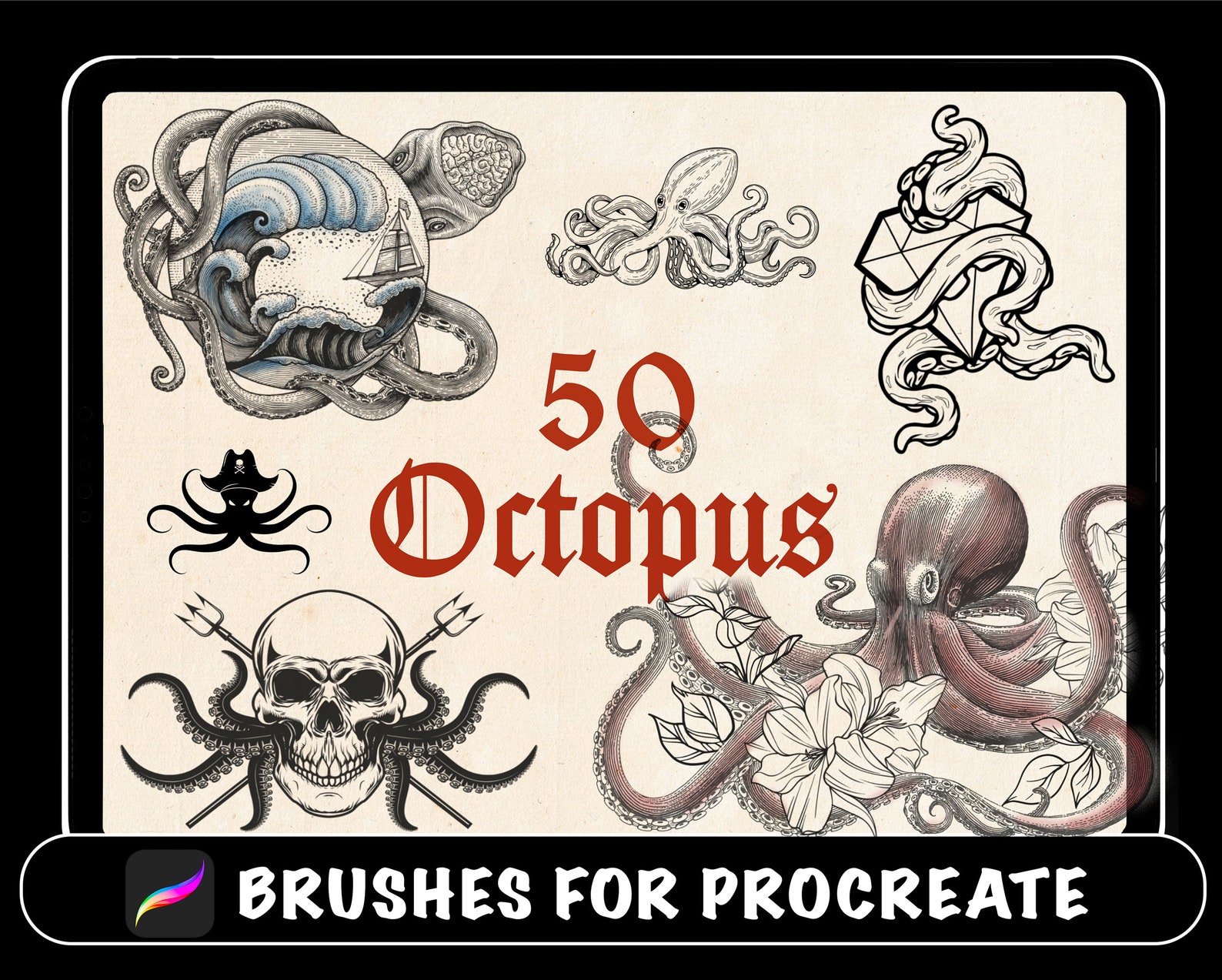 50 Octopus Tattoo Procreate Brushes, Procreate Stamps Octopus Tattoo ,tattoo Stencil, Tattoo ...