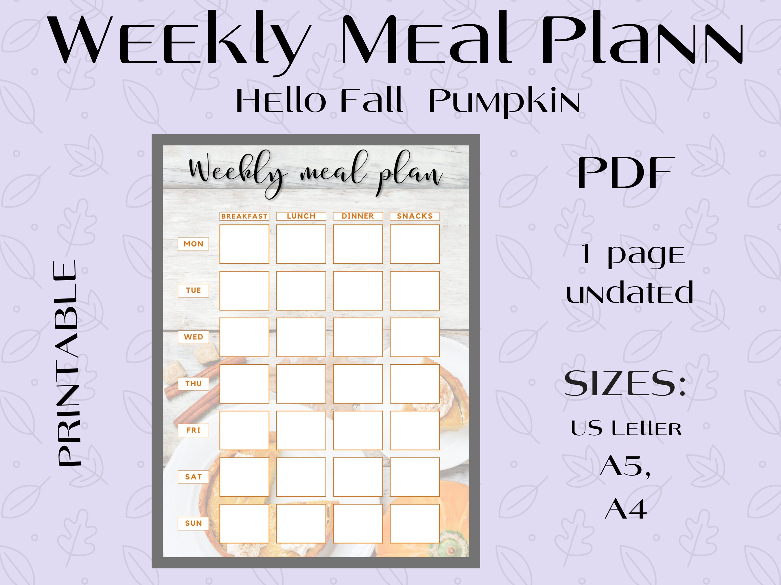 WEEKLY MEAL PLAN Printable Planner Inserts Hello Fall Pumpkin, Undated ...