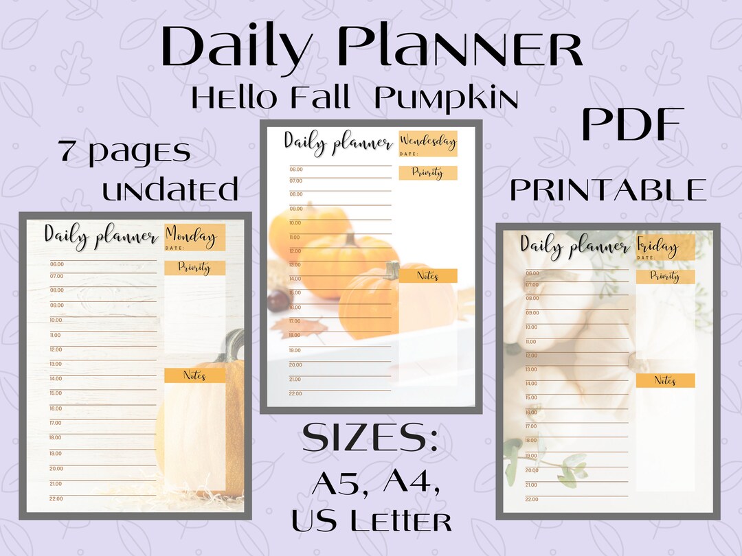 Daily Printable Planner Inserts Hello Fall Pumpkin, Undated Daily, One ...