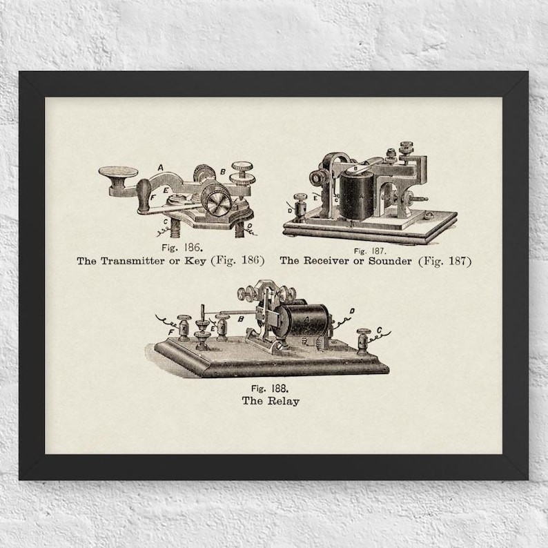 Antique Telegraph Transmitter Key Relay Diagram Image Morse Code Framed ...