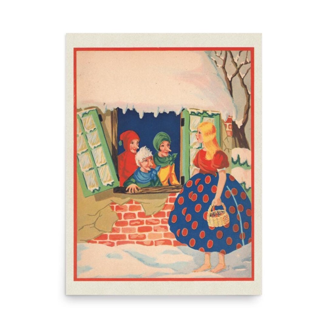 Vintage Antique Art Deco Drawing Painting Illustration Three Dwarfs ...